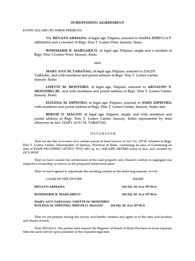 SUBDIVISION AGREEMENT Margarico | PDF | Natural Resources Law | Justice