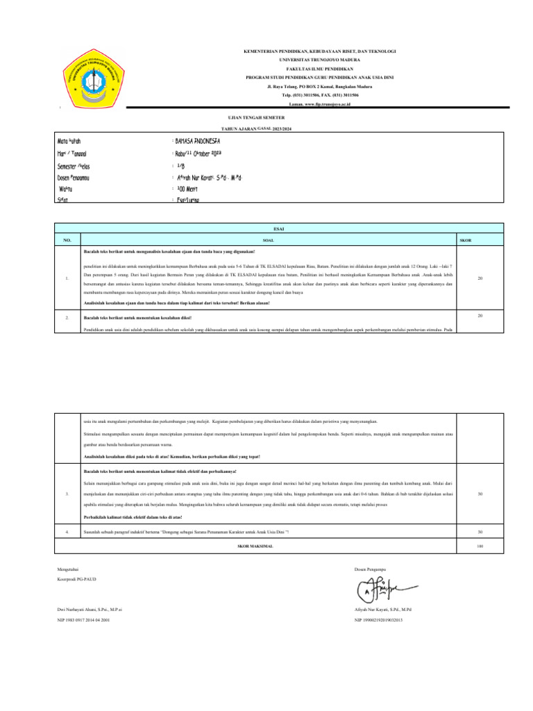 Soal UTS - PAUD 1B - Bahasa Indonesia | PDF