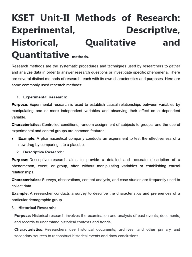 KSET Unit-II Methods of Research: Experimental, Descriptive, Historical, Qualitative and ...
