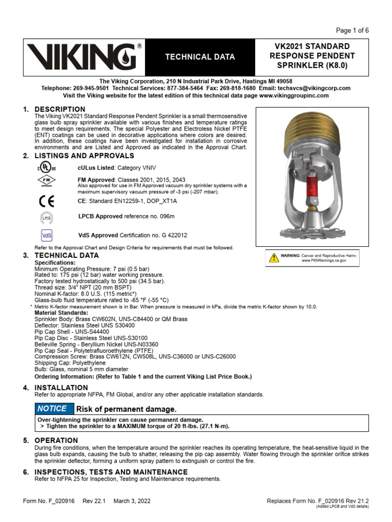 Vk2021 Standard Response Pendent Sprinkler (K8.0) : Technical Data ...