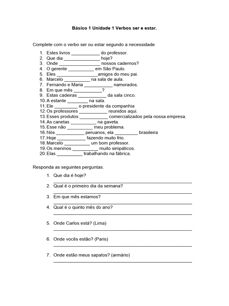 Básico 1 Unidade 1 Verbos Ser e Estar | PDF | Autoajuda