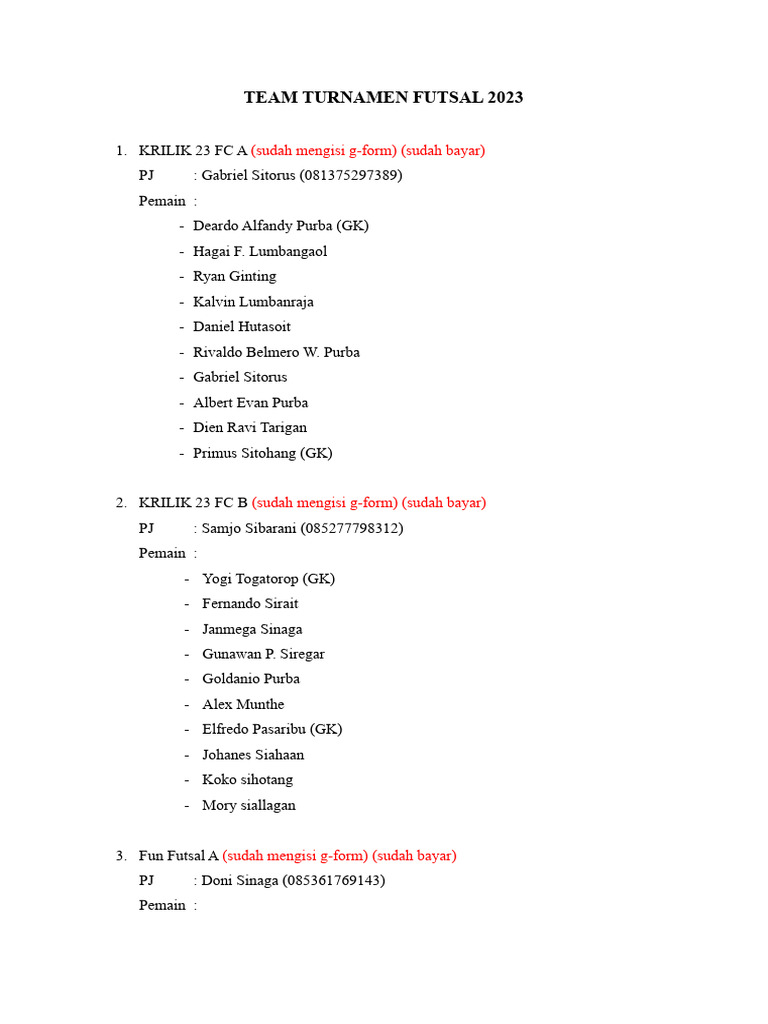 Daftar Tim Turnamen Futsal 2023 | PDF