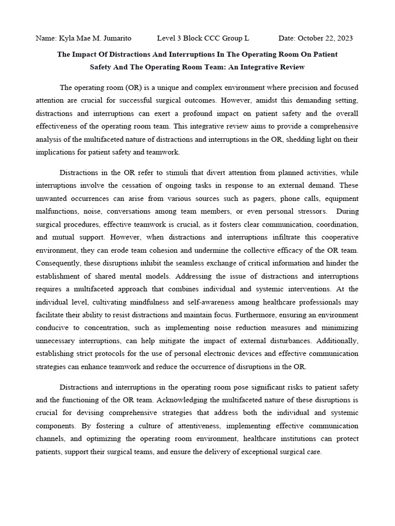 The Impact Of Distractions And Interruptions In The Operating Room On Patient Safety And The 