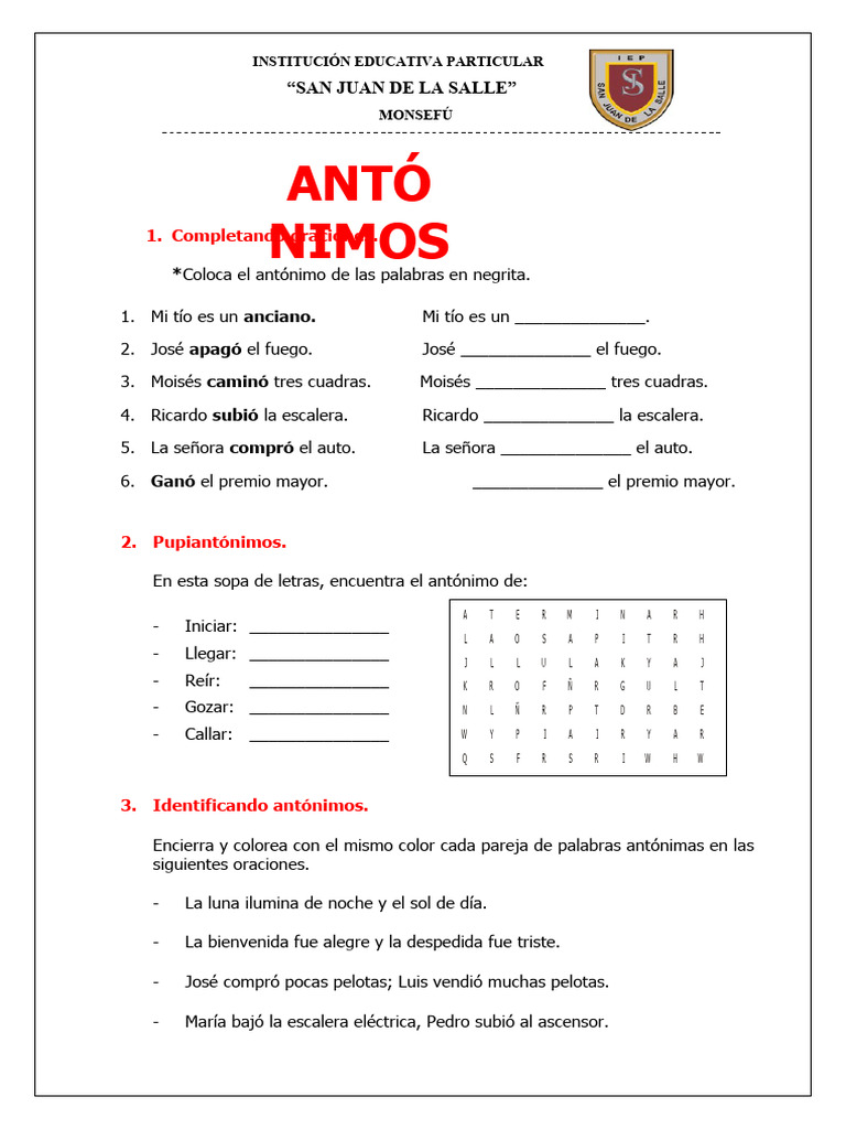 Ejercicios de Antónimos para Estudiantes | PDF