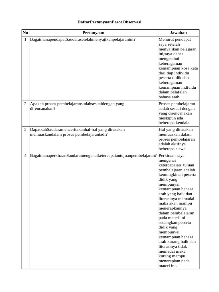 Pertanyaan Pasca Observasi | PDF