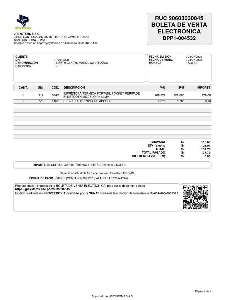 PDF Boleta de Venta Electrónica Bpp1-4532 | PDF