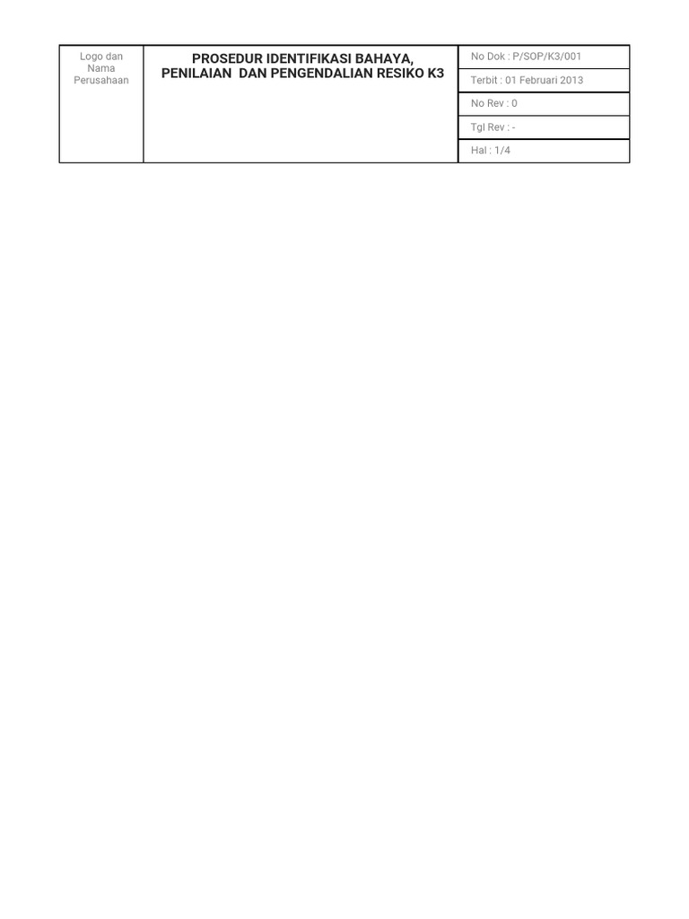 P-SOP-K3-001 Prosedur Identifikasi Bahaya, Penilaian Dan Pengendalian Resiko K3 | PDF