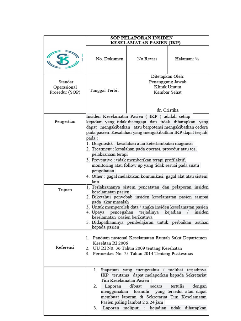 Sop & Alur Pelaporan Insiden Keselamatan Pasien (MP) | PDF