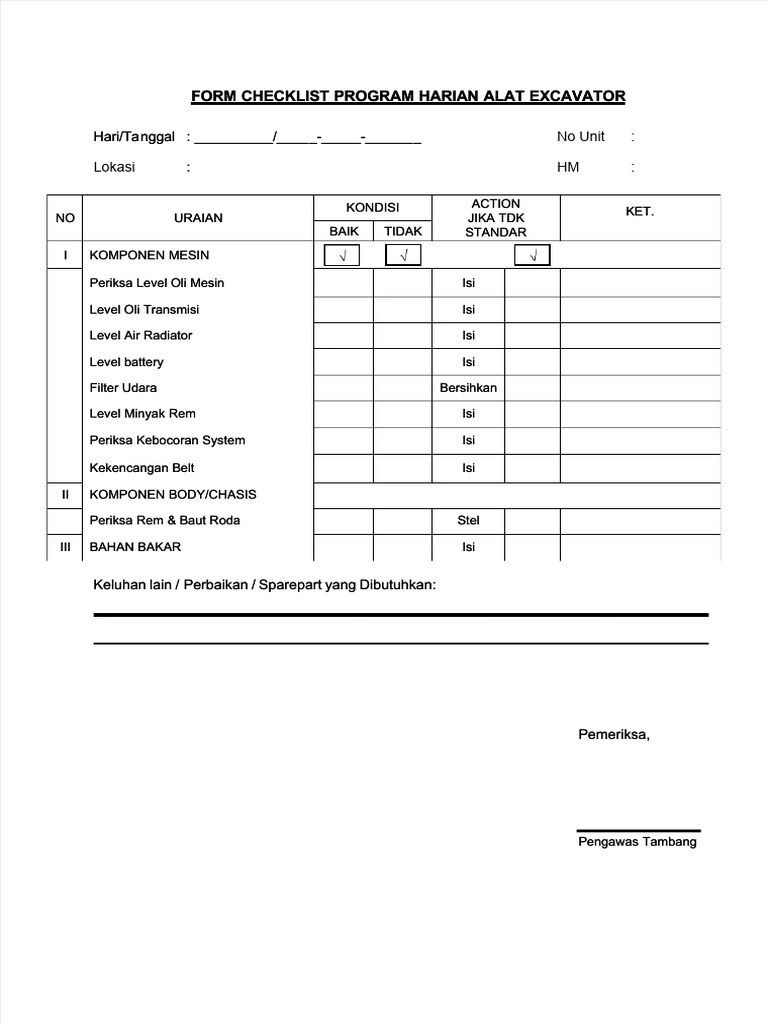 PDF 1form Checklist Program Harian Alat Excavator - Compress | PDF