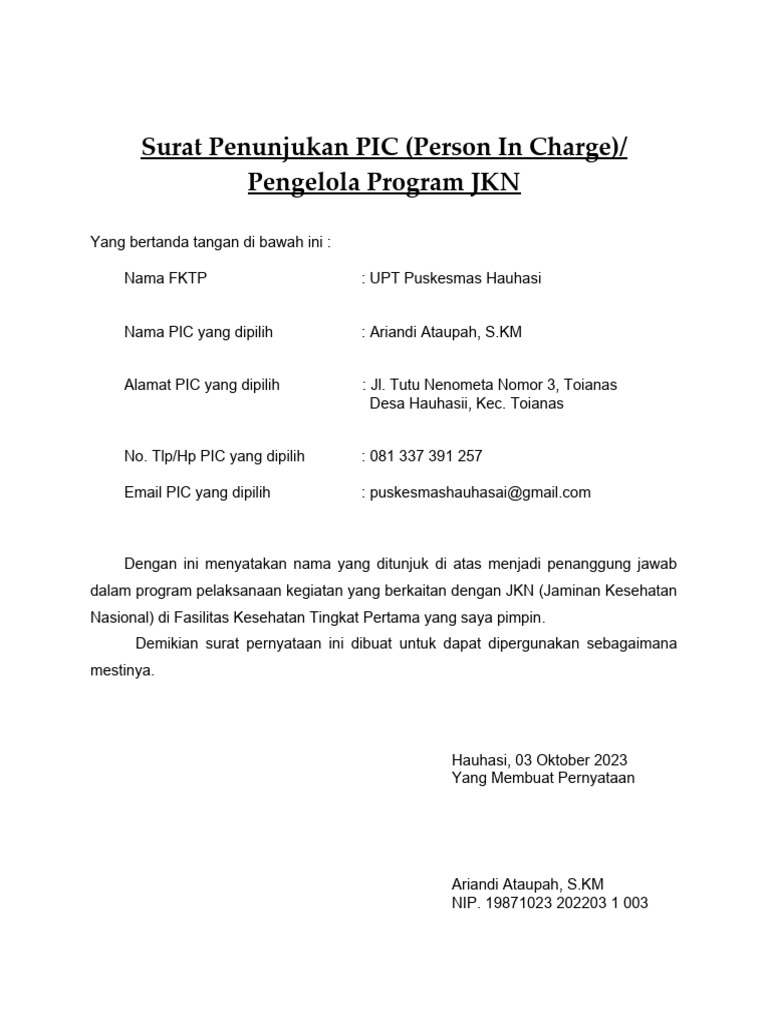 Surat Pernyataan Penunjukan PIC | PDF