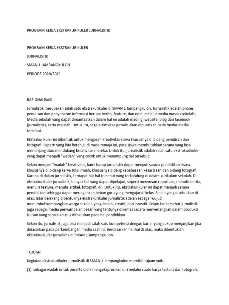 Program Kerja Ekstrakurikuler Jurnalistik | PDF