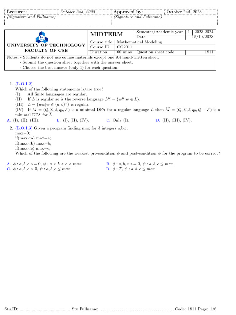 Mathematical Modeling Midterm Exam 2023 | PDF