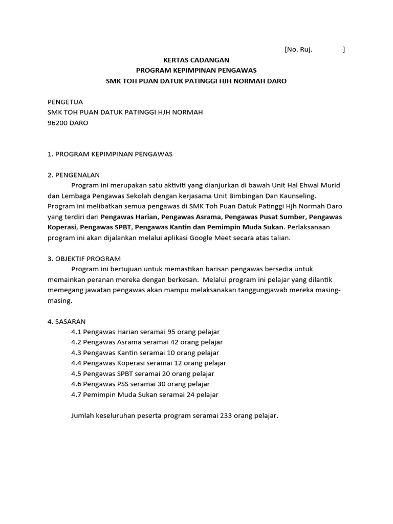 Kertas Cadangan Kem Kepimpinan Pengawas | PDF