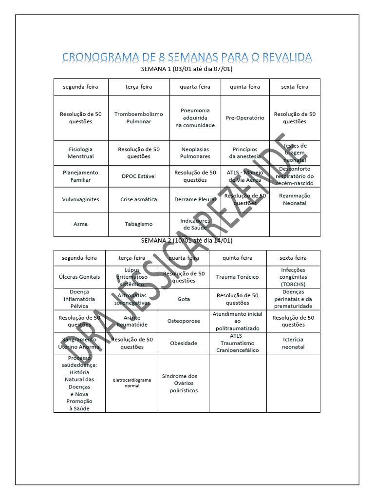 CRONOGRAMA DE 8 SEMANAS PARA O REVALIDA 2022 | PDF | Gravidez | Câncer