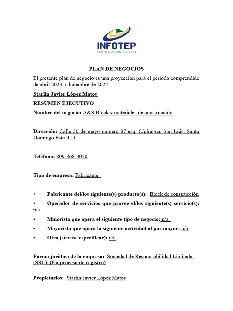 PLAN DE NEGOCIOS (Practica Final Modulo No. 2) Starlin Javier Lopez ...