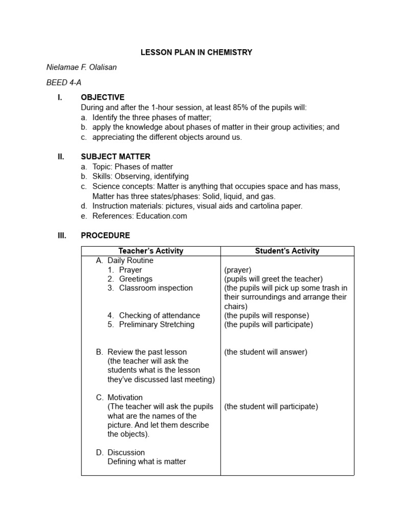 Lesson Plan in Chemistry | PDF | Matter | Teachers