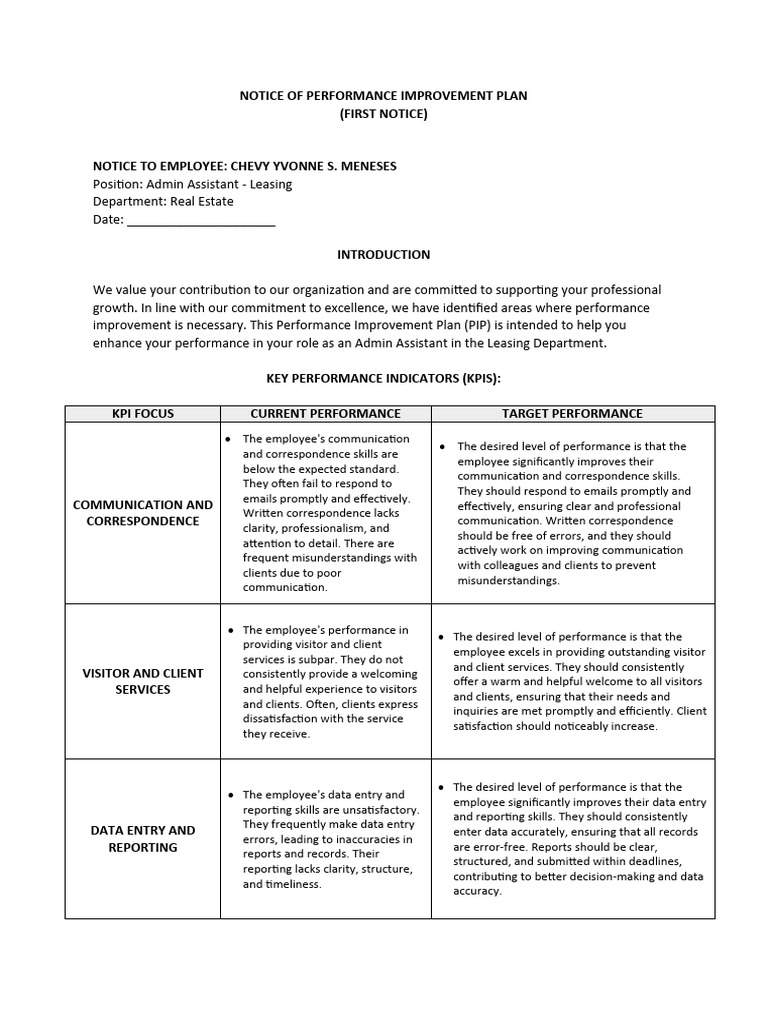 NOTICE OF PERFORMANCE IMPROVEMENT PLAN - Meneses | Download Free PDF ...