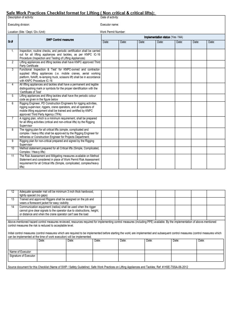 SWP CHECKLISTS - Non Critical Critical Lift | PDF | Occupational Safety ...