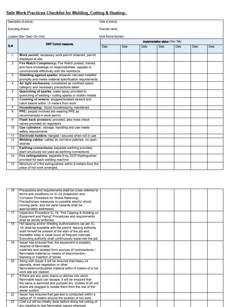 SWP CHECKLISTS - Welding Cutting and Heating | Download Free PDF ...