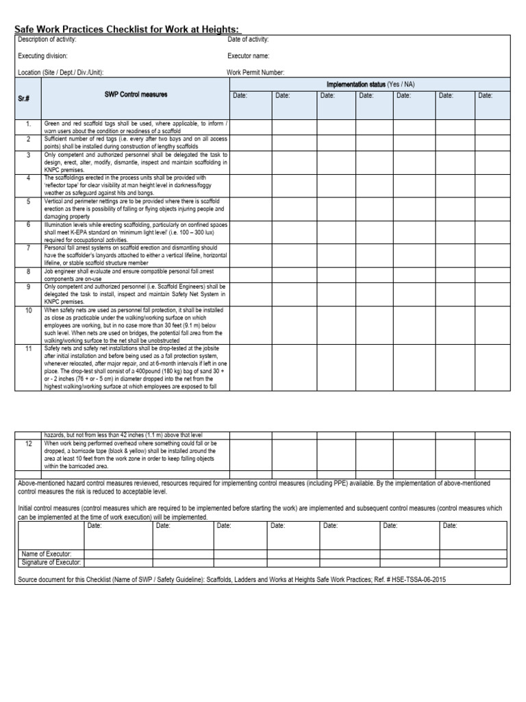 SWP CHECKLISTS - Works at Heights | PDF | Scaffolding | Safety