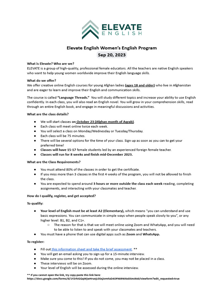 Elevate English Women’s English Program (Fall 2023).docx | PDF | Learning | Communication