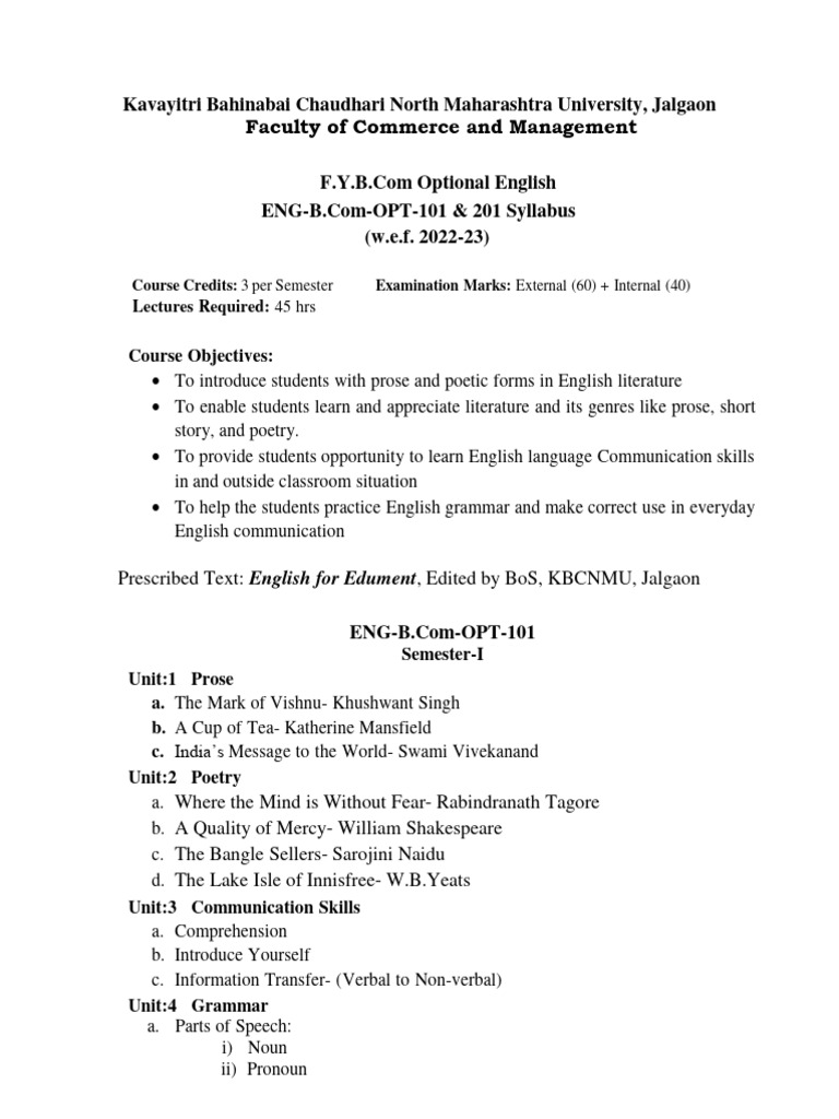 2022-23 F.Y.B.Com Optional English (CBCS) | PDF | Part Of Speech | English Language