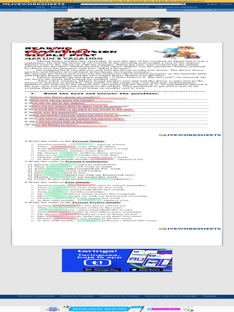 Ejercicio De Tense Forms Revision And Past Simple Reading Comprehension