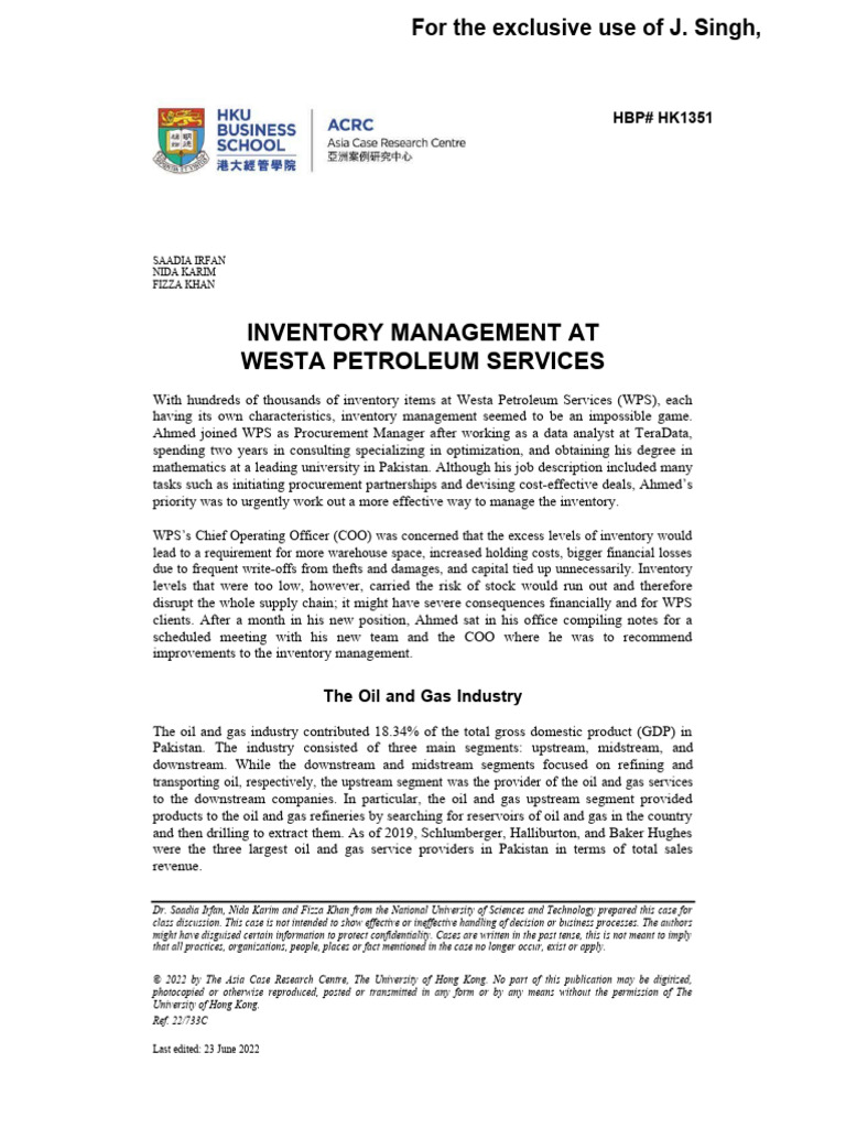 Inventory Management at Westa Petroleum Services: HBP# HK1351 | PDF ...
