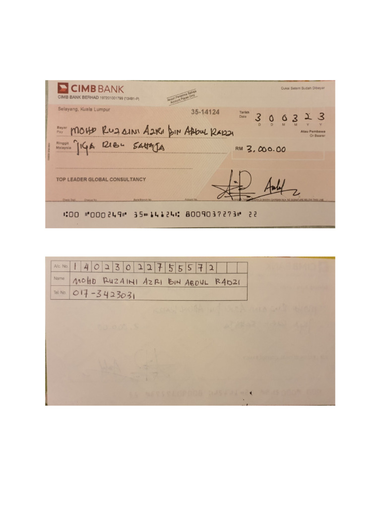 Top Leader Global - Salary Cheque To Mohd Ruzaini Azri (Bank Islam) | PDF