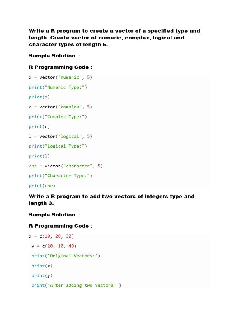 Write A R Program To Create A Vector of A Specified Type and Length ...