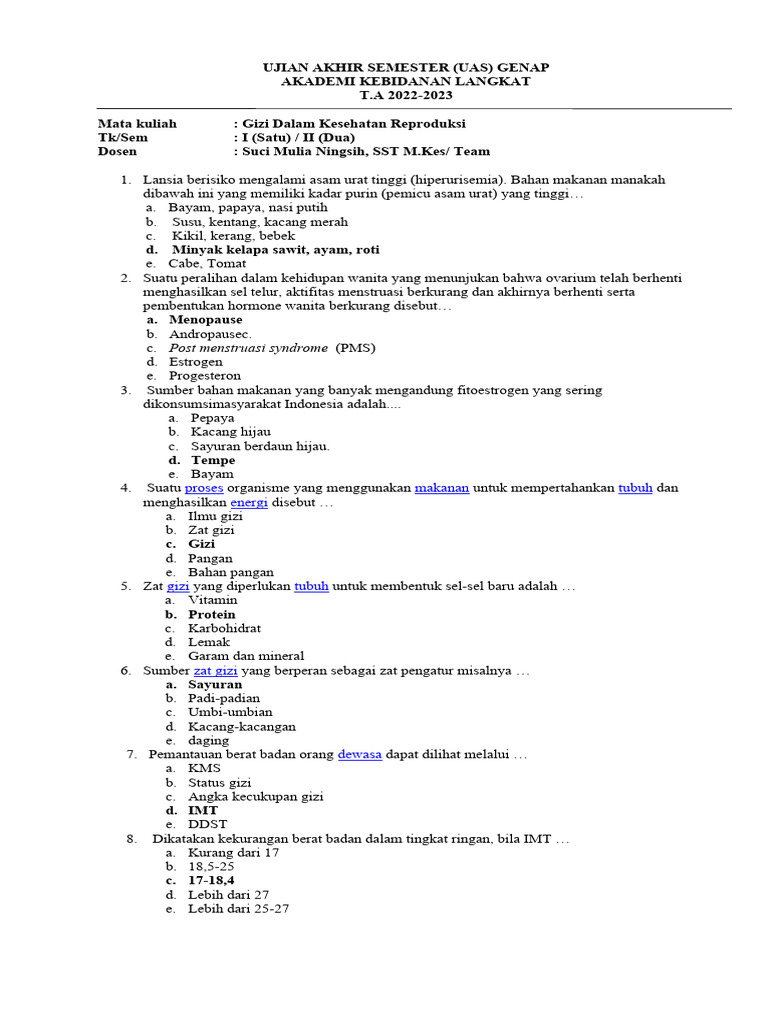 SOAL Gizi Kespro Kirim 2023 | PDF