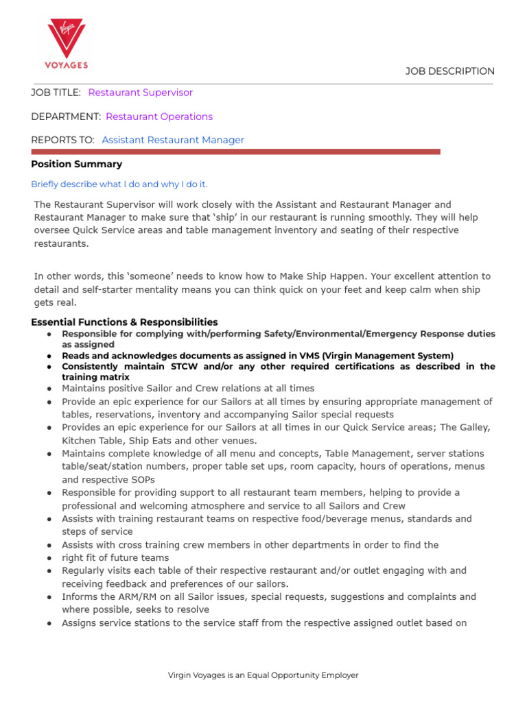 Restaurant Supervisor JD | PDF | Restaurants | Menu