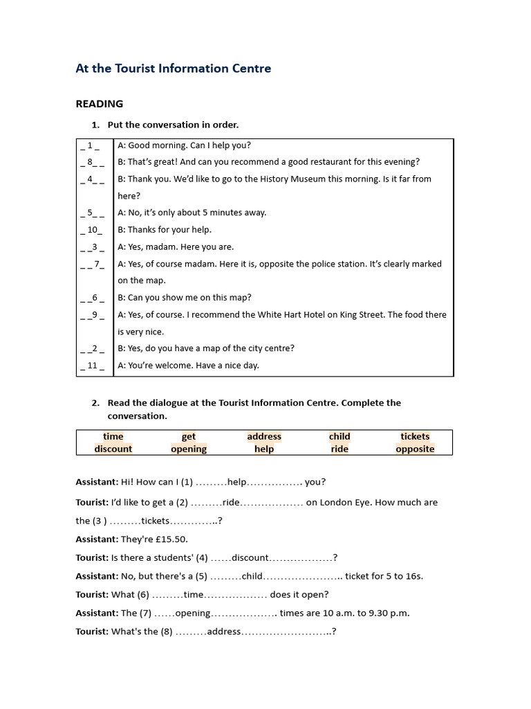 At The Tourist Information Centre (WORKSHEET) | PDF | Human Communication