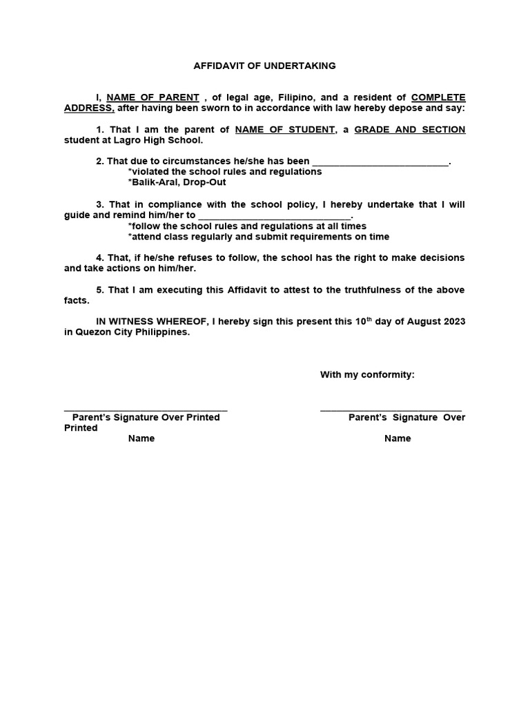 Parent Affidavit of Undertaking Form | PDF