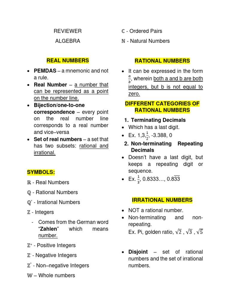 Algebra Notes Pdf Numbers Integer