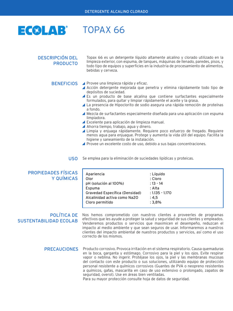 Detergente Alcalino Topax 66 Ecolab | PDF | Agua | Detergente