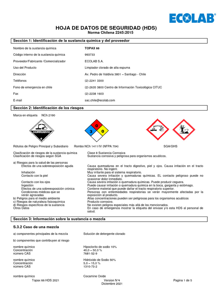 Hoja de Seguridad Topax 66 Ecolab | PDF | Agua | Amoníaco