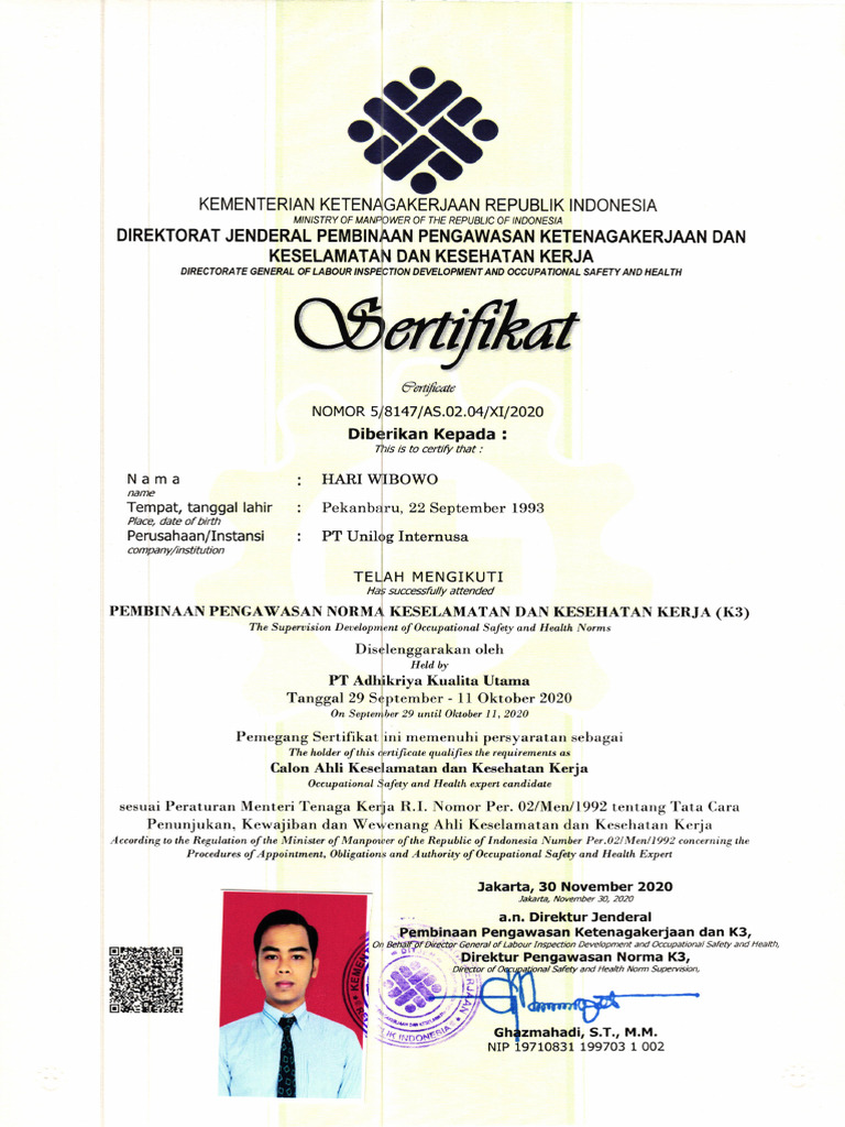 SERTIFIKAT K3 UMUM Lengkap - HARI WIBOWO | PDF