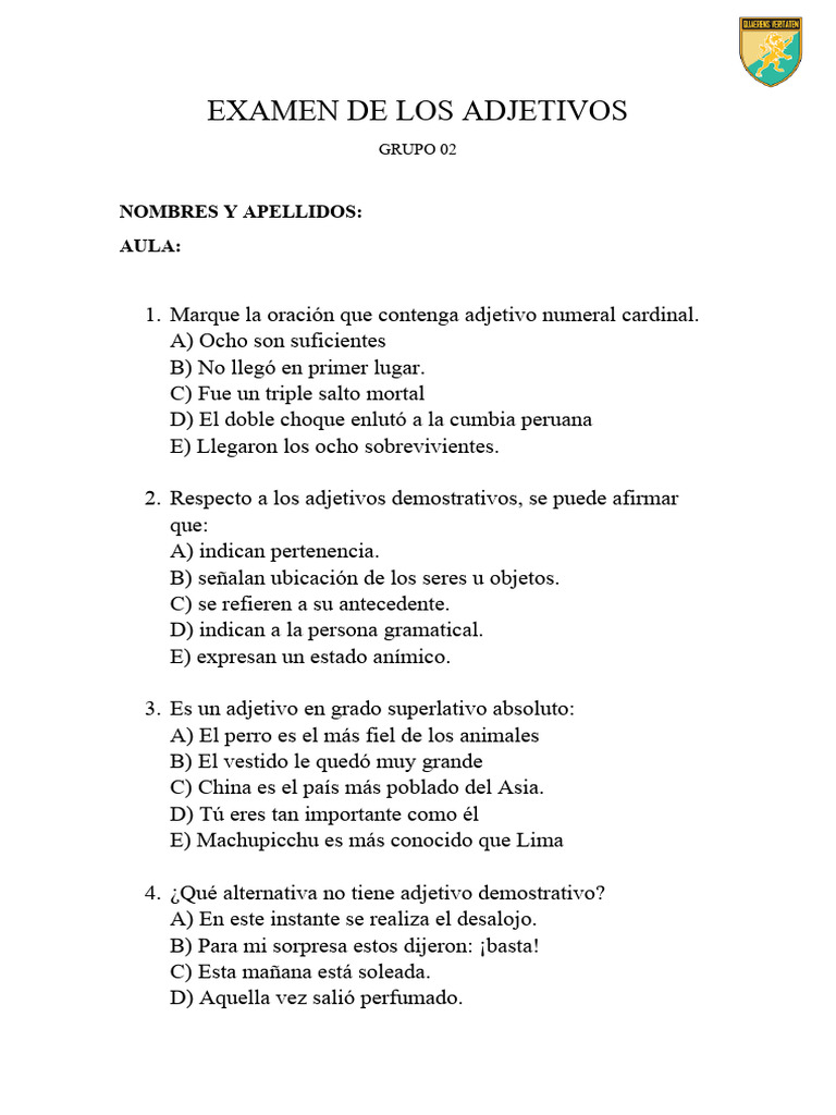 Examen de Los Adjetivos-1 | PDF | Adjetivo | Adverbio