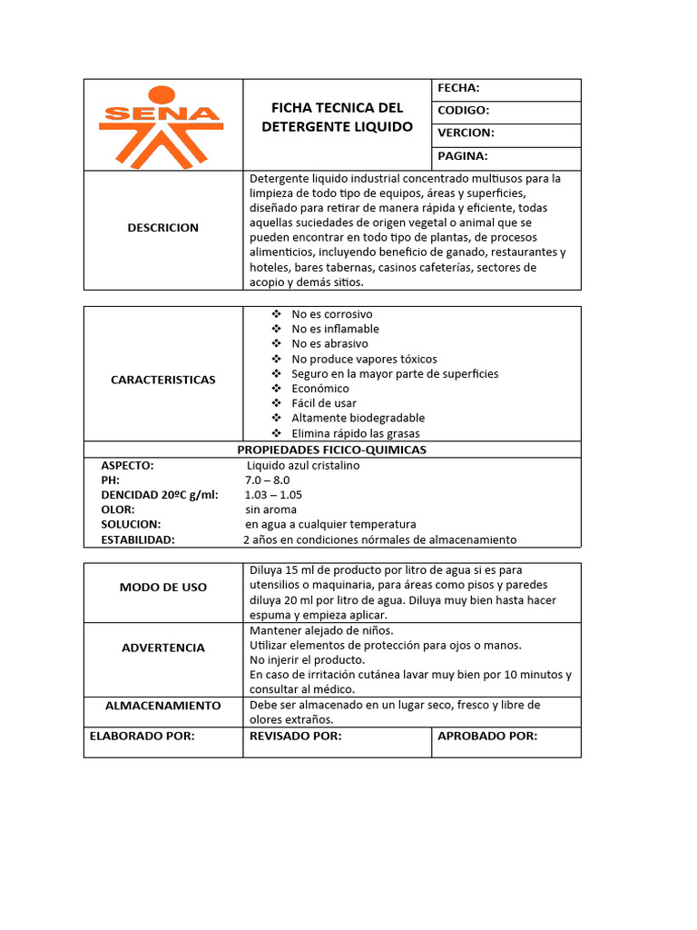 Ficha Tecnica Del Detergente Liquido | PDF