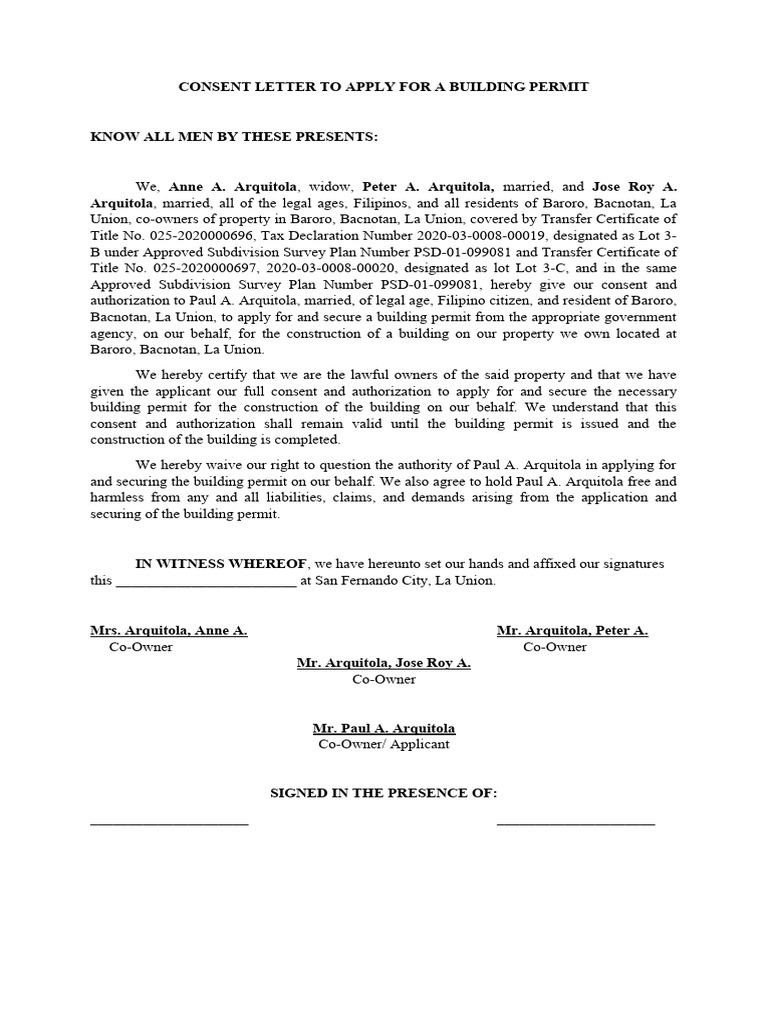 Deed of Consent To Apply For A Building Permit | PDF | Legal Documents ...