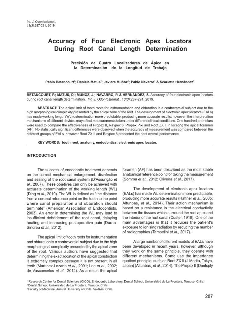 Accuracy Of Four Electronic Apex Locators During Root Canal Length Determination Pdf
