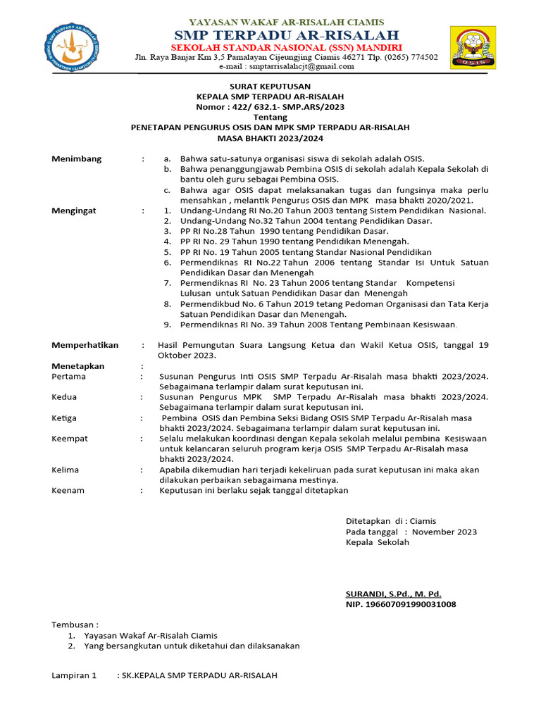 Sk. Pengurus Osis 2021 2022 | PDF