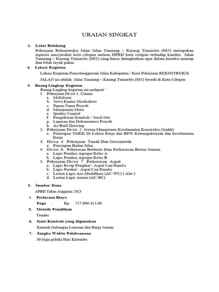 KAK Jalan Tamiang Karang Tumaritis | PDF | Teknologi & Rekayasa