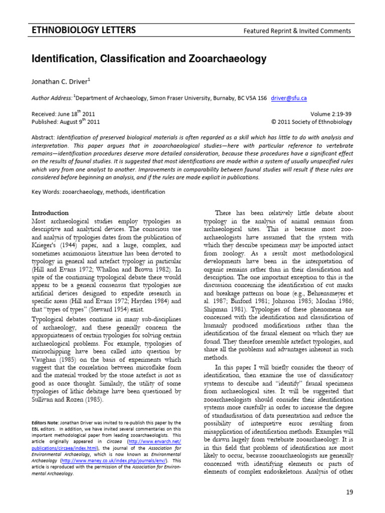 Driver, J. (2011) - Identification, Classification and Zooarchaeology ...