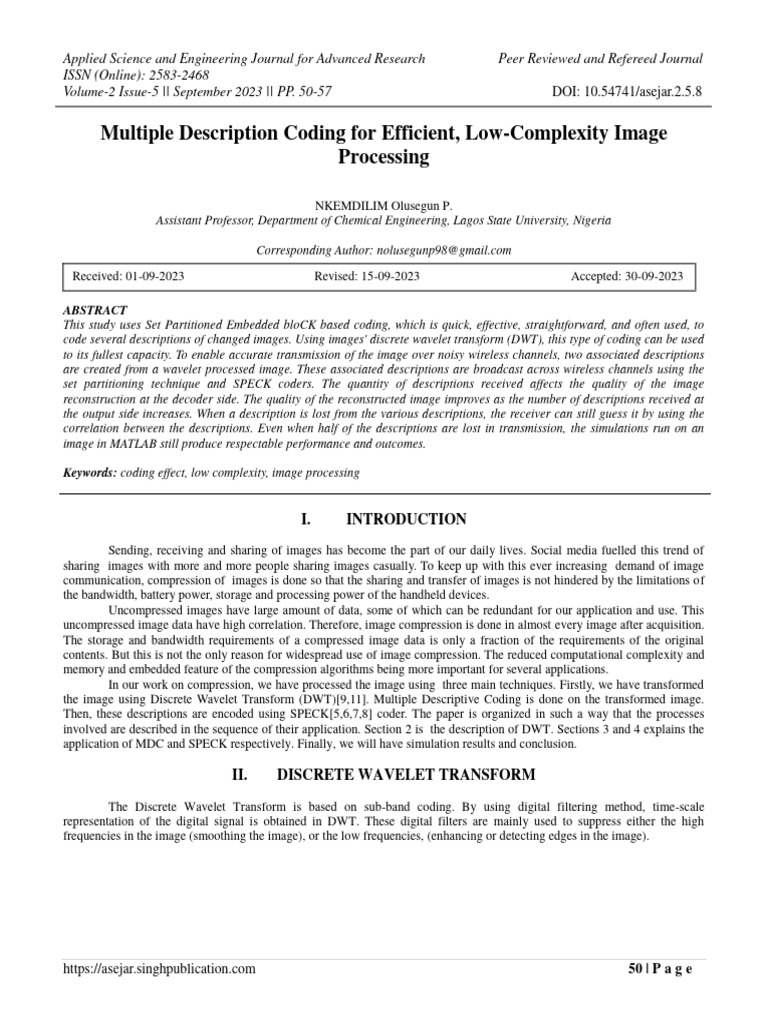 Multiple Description Coding For Efficient, Low-Complexity Image Processing | PDF | Data ...