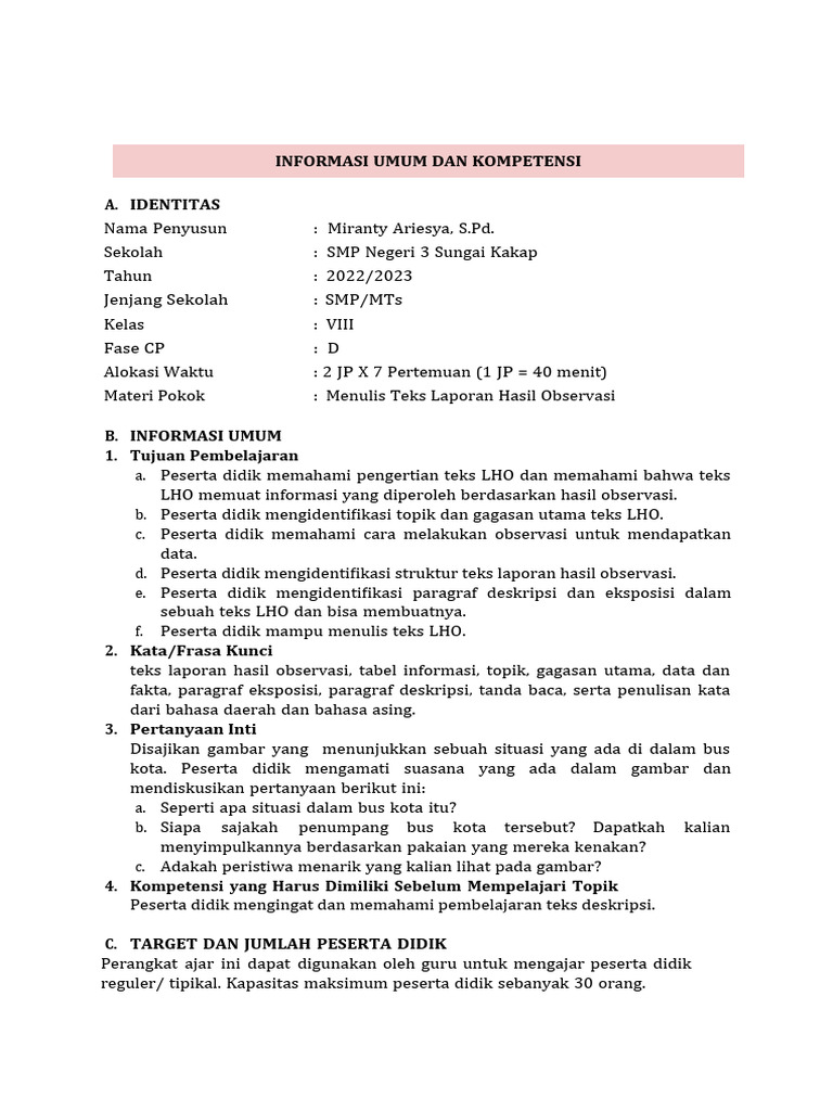 Modul Ajar Bahasa Indonesia Bab 1 Menulis Teks Laporan Hasil Observasi Fase D Pdf