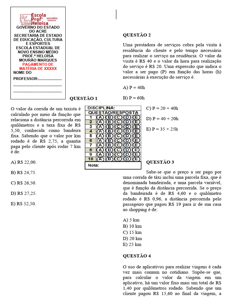 Modelo de Prova de Pagamento de Matéria 2023 | PDF | Matemática