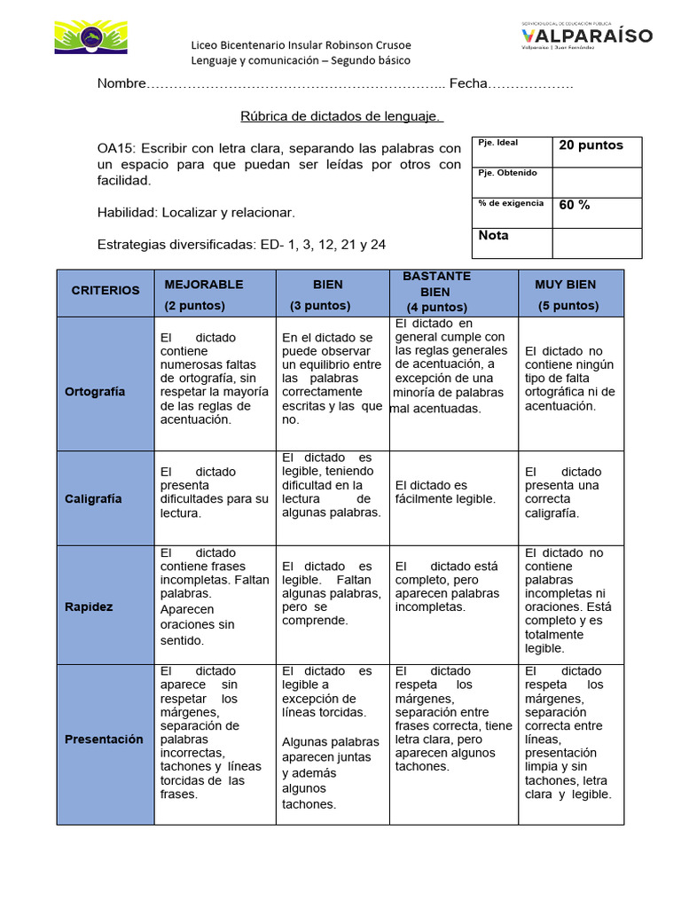 Rubrica para Dictado-Lenguaje. | PDF | Lingüística | Comunicación humana