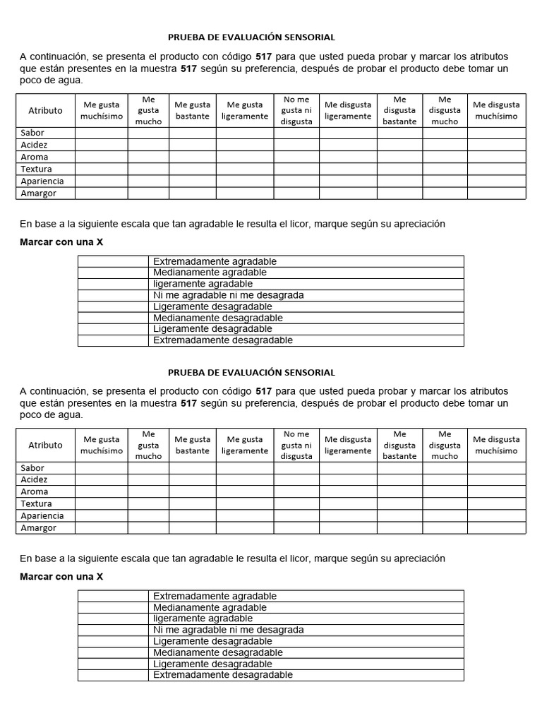Prueba de Evaluación Sensorial Licor | PDF | Nutrición | Dieta y nutrición Prueba de Evaluación Sensorial Licor | PDF | Nutrición | Dieta y nutrición